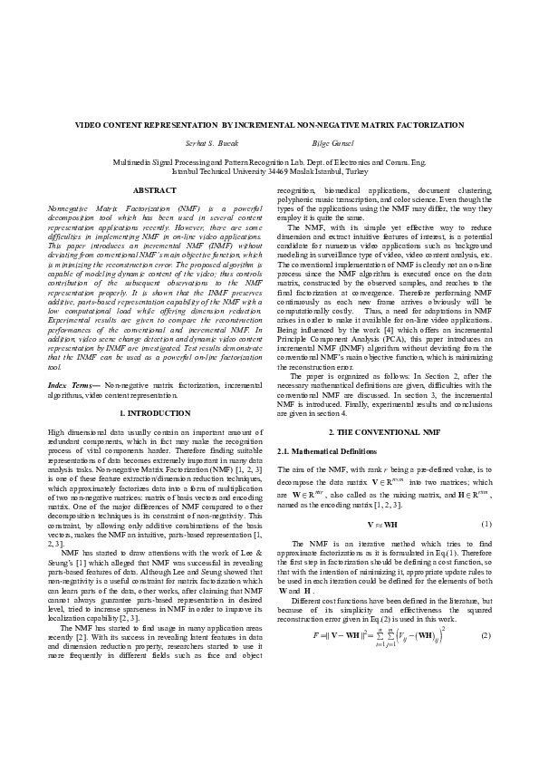 (PDF) Video Content Representation by Incremental Non-Negative Matrix Factorization