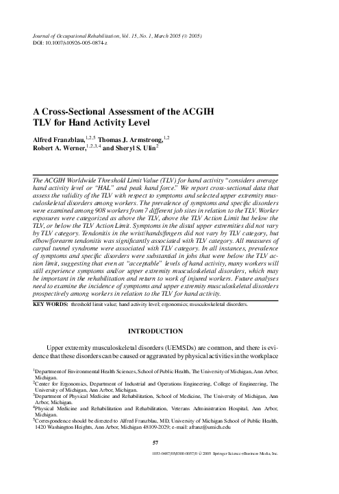 (PDF) A Cross-Sectional Assessment of the ACGIH TLV for Hand Activity ...