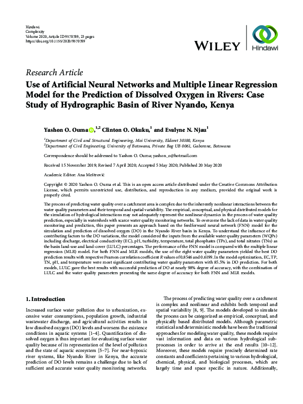 Pdf Use Of Artificial Neural Networks And Multiple Linear Regression