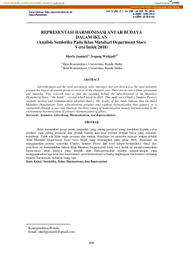 (PDF) REPRESENTASI HARMONISASI ANTAR BUDAYA DALAM IKLAN (Analisis Semiotika Pada iklan Matahari ...