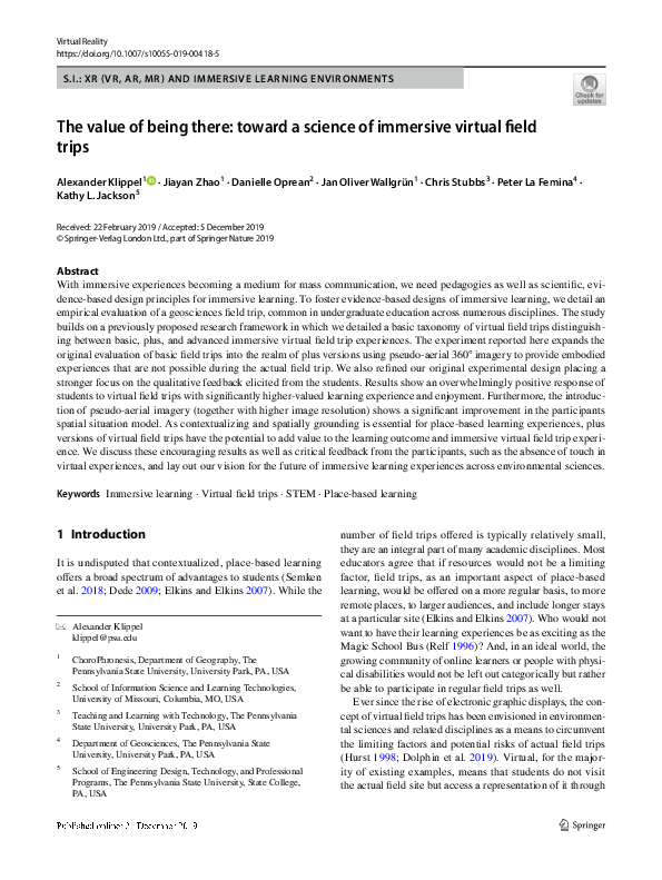(PDF) The value of being there: toward a science of immersive virtual ...