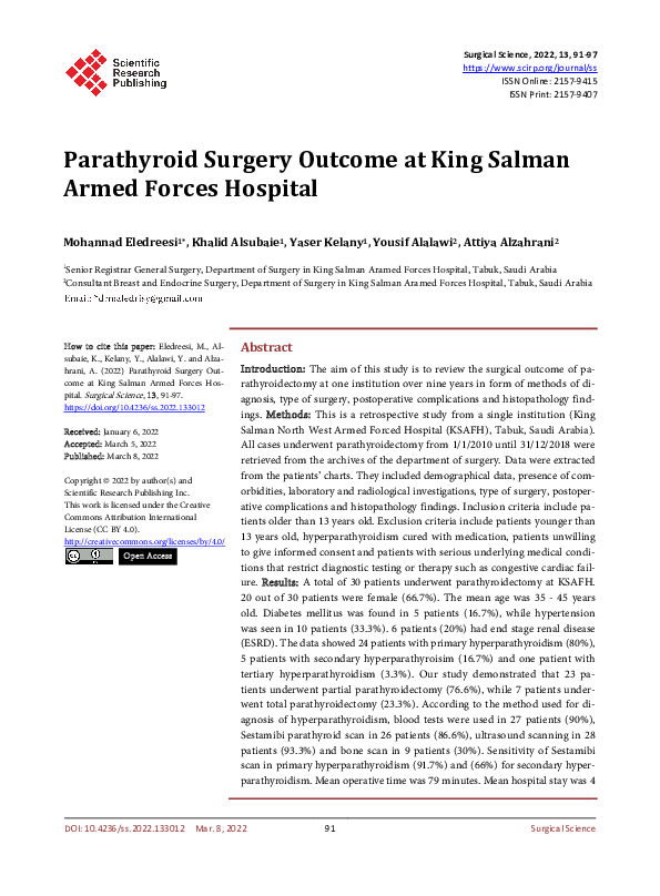 (PDF) Parathyroid Surgery Outcome at King Salman Armed Forces Hospital
