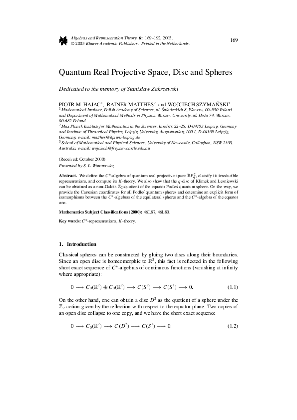 (PDF) Quantum Real Projective Space, Disc and Spheres