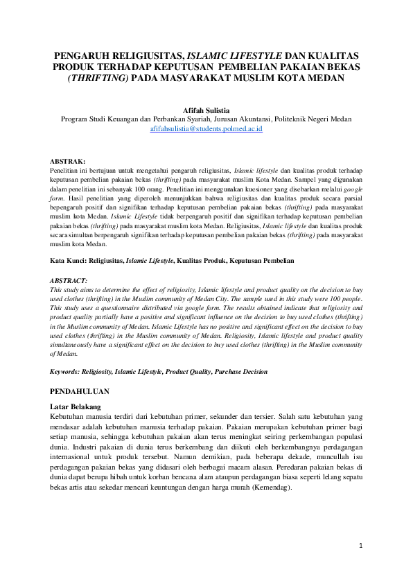(PDF) PENGARUH RELIGIUSITAS, ISLAMIC LIFESTYLE DAN KUALITAS PRODUK ...