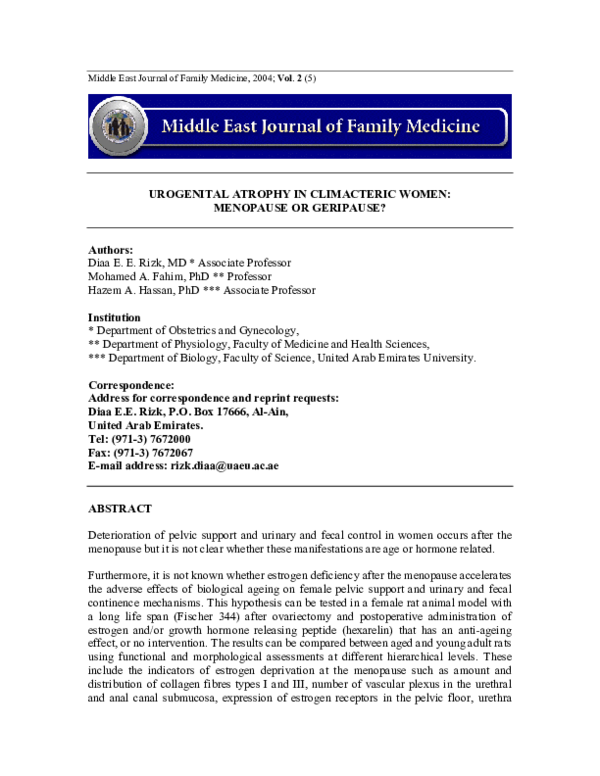 (PDF) Urogenital Atrophy in Climacteric Women: Menopause or Geripause?