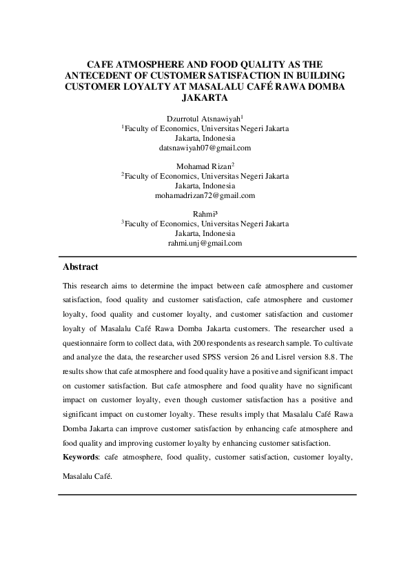 (PDF) The Influence of Cafe Atmosphere and Food Quality on Customer ...
