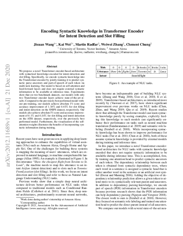 Pdf Encoding Syntactic Knowledge In Transformer Encoder For Intent Detection And Slot Filling