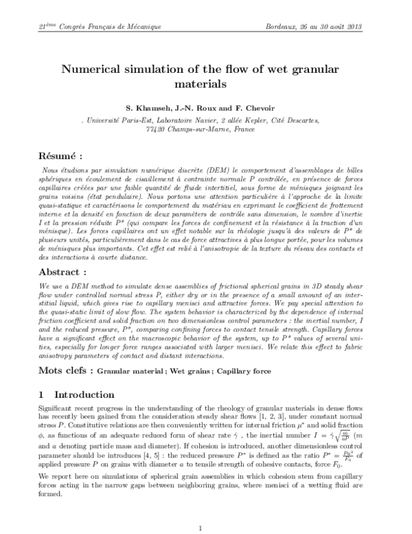 (PDF) Numerical simulation of the flow of wet granular materials