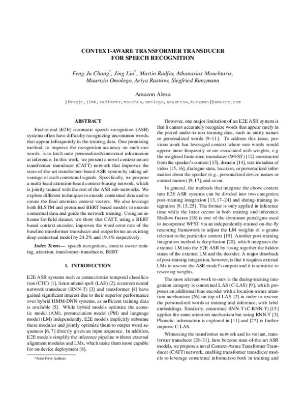 Pdf Context Aware Transformer Transducer For Speech Recognition