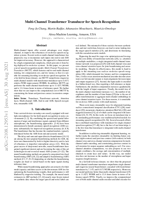 (PDF) Multi-Channel Transformer Transducer for Speech Recognition
