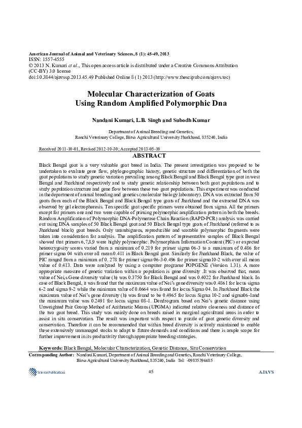 Pdf Molecular Characterization Of Goats Using Random Amplified Polymorphic Dna