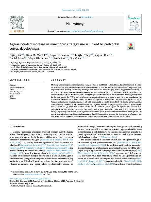 Pdf Age Associated Increase In Mnemonic Strategy Use Is Linked To Prefrontal Cortex
