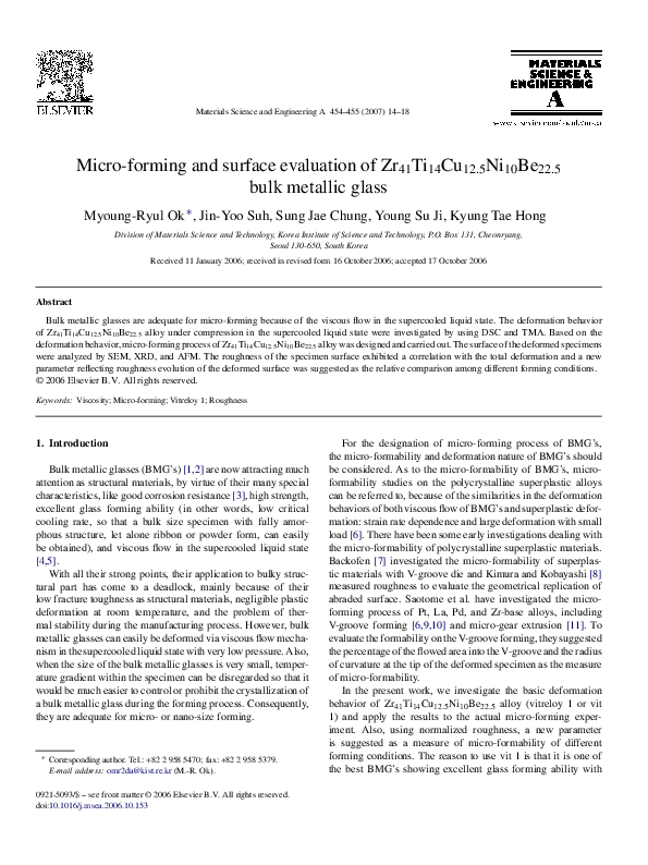 (PDF) Micro-forming and surface evaluation of Zr41Ti14Cu12.5Ni10Be22.5 bulk metallic glass ...