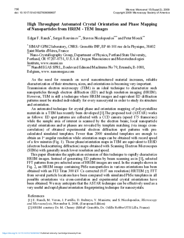 (PDF) High Throughput Automated Crystal Orientation and Phase Mapping of Nanoparticles from HREM ...