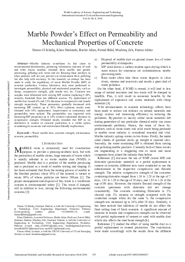 (PDF) Marble Powder'S Effect On Permeability And Mechanical Properties ...