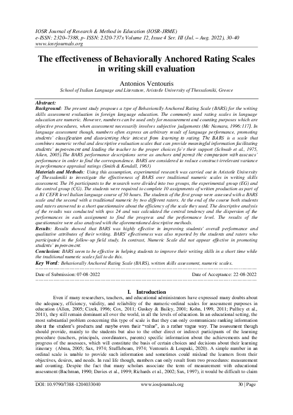 (PDF) The effectiveness of Behaviorally Anchored Rating Scales in writing skill evaluation
