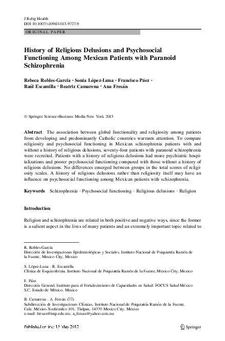(PDF) History of Religious Delusions and Psychosocial Functioning Among ...
