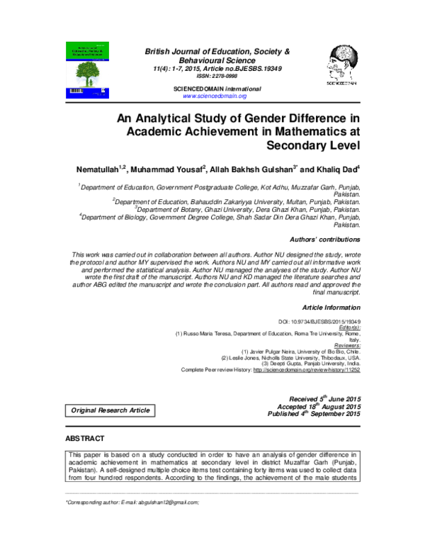 (PDF) An Analytical Study of Gender Difference in Academic Achievement ...