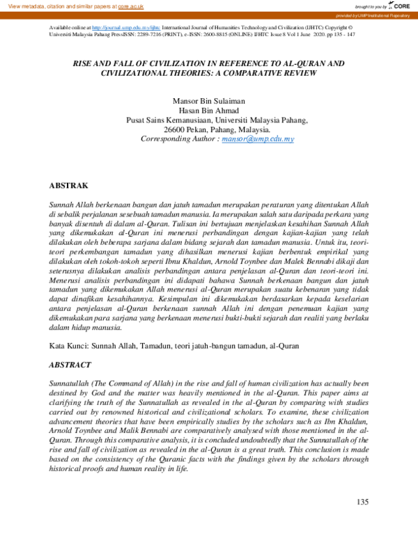 (PDF) Rise and Fall of Civilization in Reference to Al-Quran and Civilizational Theories: A ...