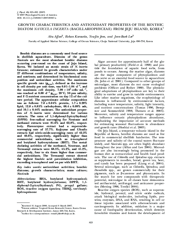 (PDF) Growth Characteristics and Antioxidant Properties of the Benthic ...