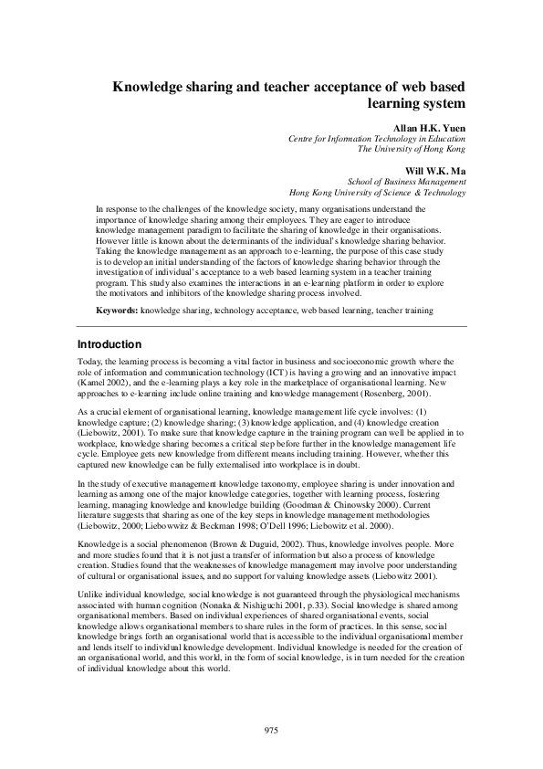 (PDF) Knowledge sharing and teacher acceptance of web based learning system