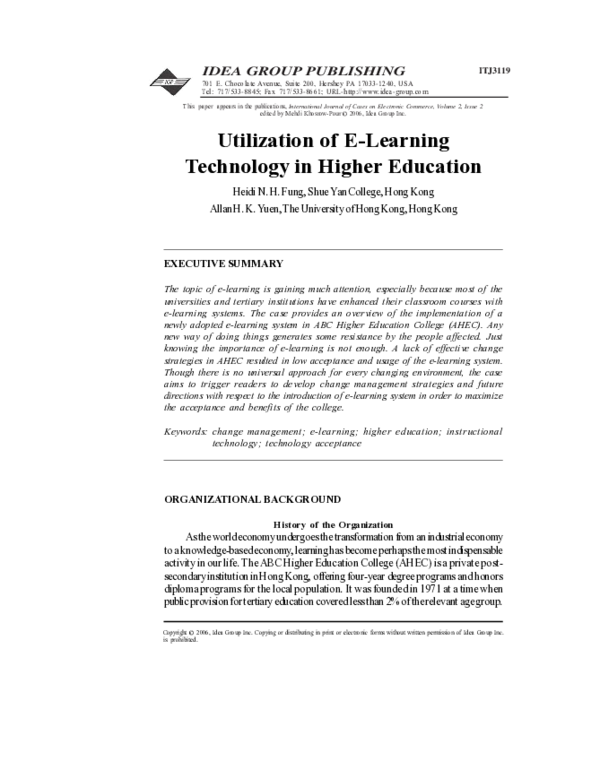 (PDF) Utilization of E-Learning Technology in Higher Education
