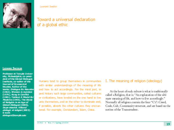 (PDF) Toward a Universal Declaration of a Global Ethic