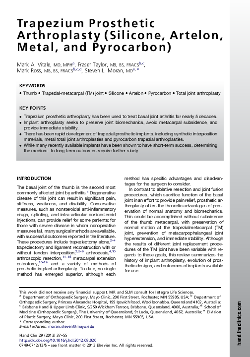(PDF) Trapezium Prosthetic Arthroplasty (Silicone, Artelon, Metal, and ...