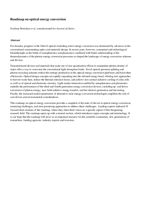 (PDF) Roadmap on optical energy conversion | Carmel Rotschild ...