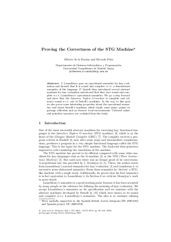(PDF) Proving the Correctness of the STG Machine