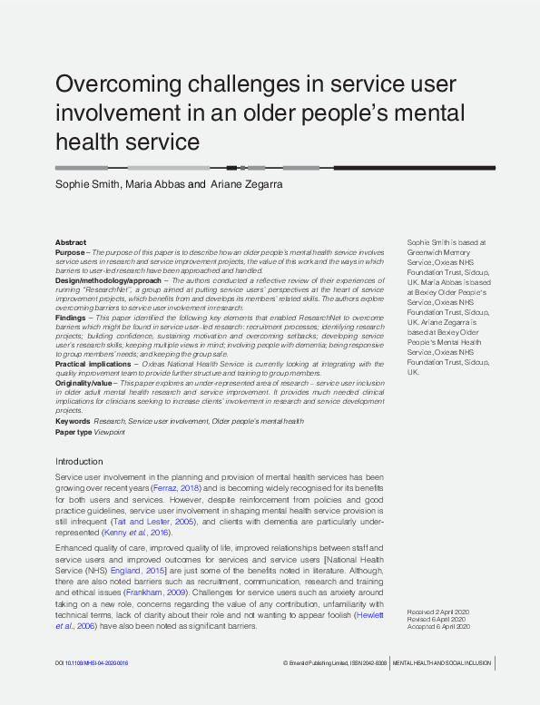 (PDF) Overcoming challenges in service user involvement in an older ...