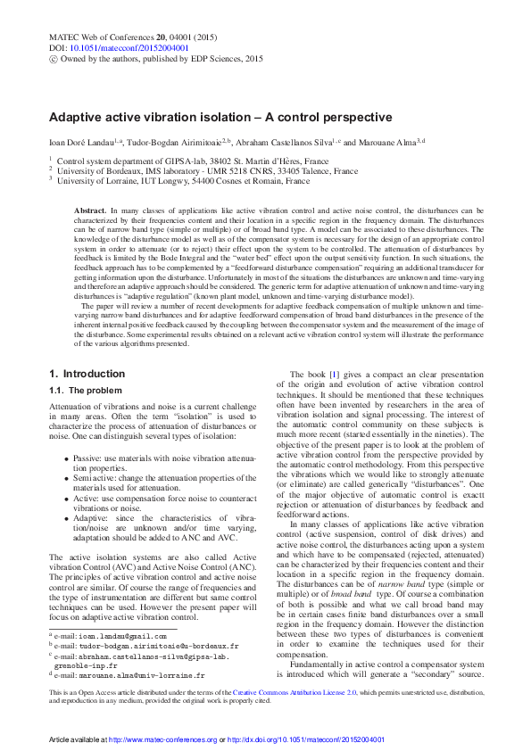 (PDF) Adaptive active vibration isolation – A control perspective