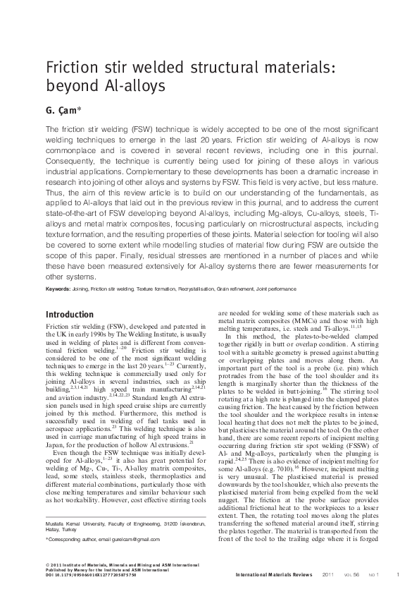 Pdf Friction Stir Welded Structural Materials Beyond Al Alloys