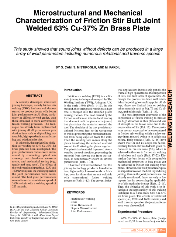 (PDF) Microstructural and Mechanical Characterization of Friction Stir Butt Joint Welded 63% Cu ...