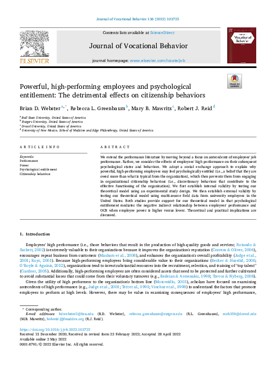 (PDF) Powerful, high-performing employees and psychological entitlement ...