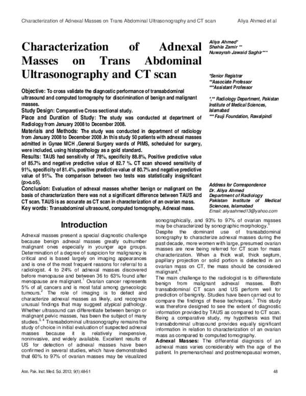 Pdf Characterization Of Adnexal Masses On Trans Abdominal
