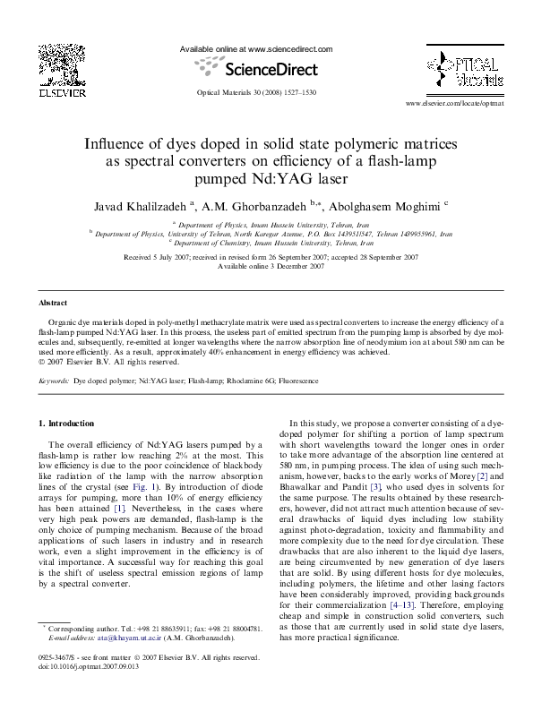(PDF) Influence of dyes doped in solid state polymeric matrices as spectral converters on ...
