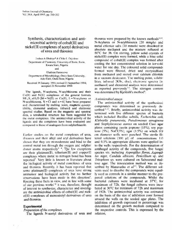 (PDF) Synthesis, characterization and antimicrobial activity of cobalt(II) and nickel(II ...