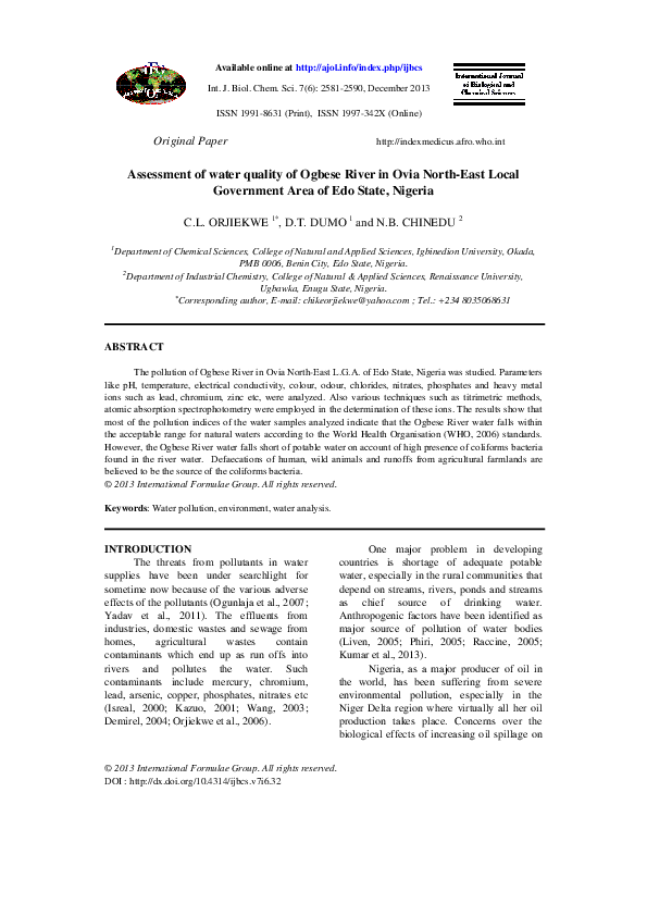 (PDF) Assessment of water quality of Ogbese River in Ovia North-East ...