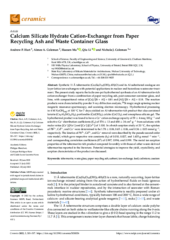 (PDF) Calcium Silicate Hydrate Cation-Exchanger from Paper Recycling ...