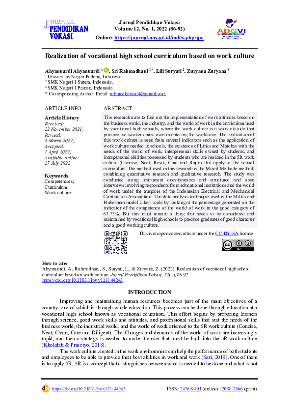 (PDF) Realization of vocational high school curriculum based on work ...
