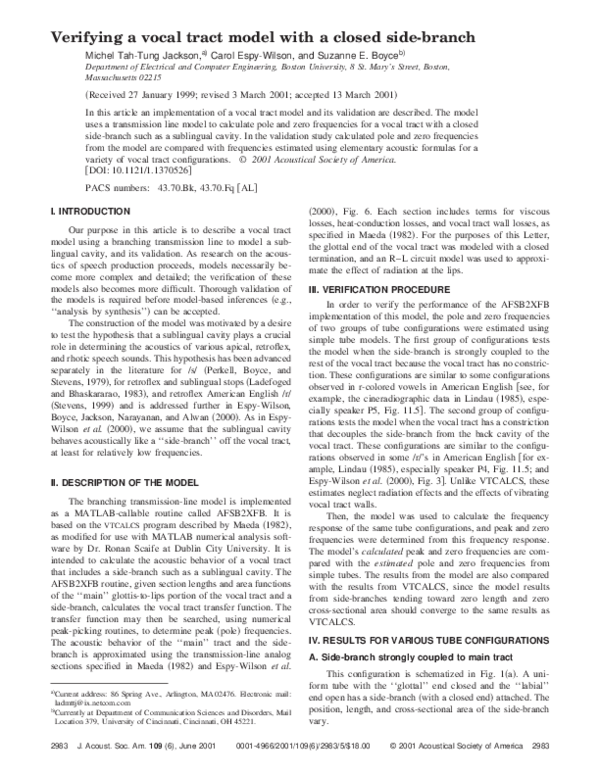 (PDF) Verifying a vocal tract model with a closed side-branch