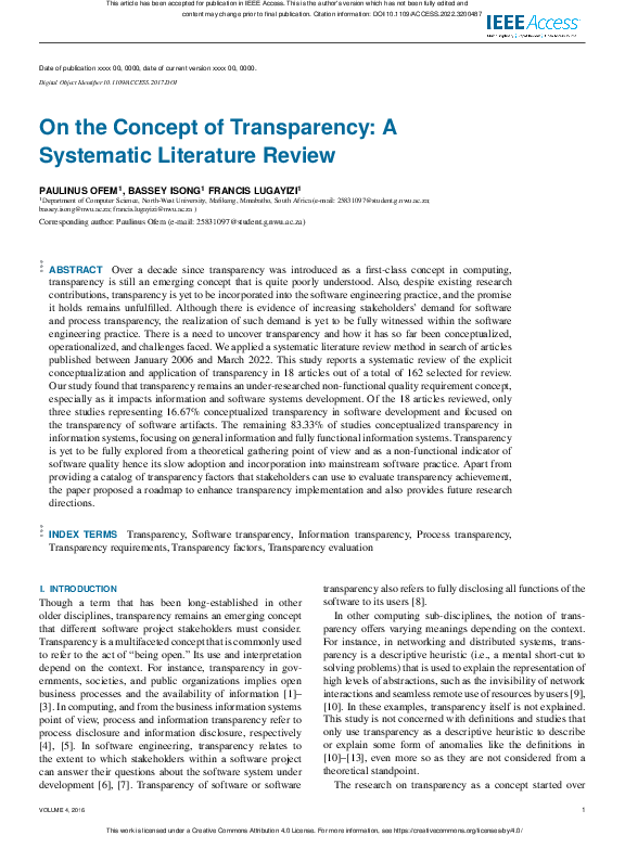 (PDF) On the Concept of Transparency: A Systematic Literature Review