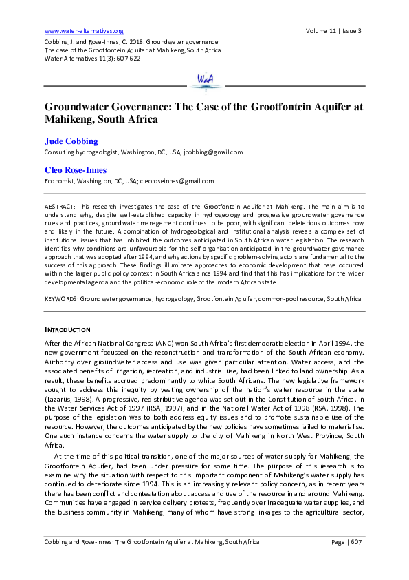 (PDF) Groundwater governance: The Case of the Grootfontein Aquifer at ...