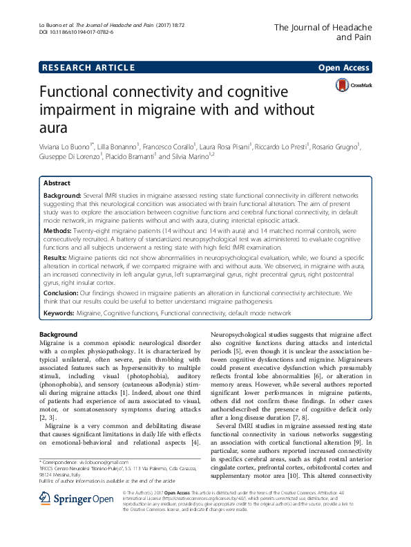(PDF) Functional connectivity and cognitive impairment in migraine with and without aura ...