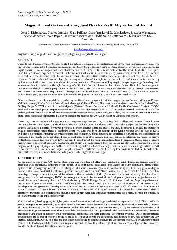 (PDF) Magma-Sourced Geothermal Energy and Plans for Krafla Magma ...