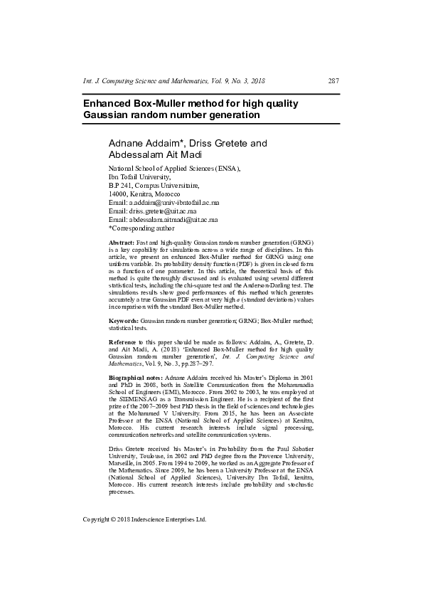 Pdf Enhanced Box Muller Method For High Quality Gaussian Random Number Generation Abdessalam