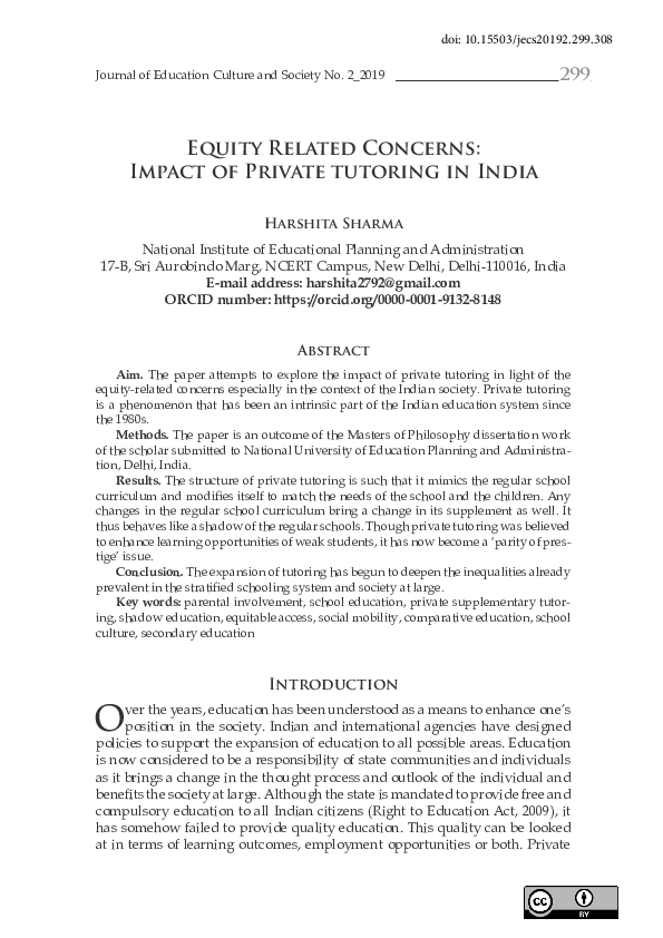 (PDF) Equity Related Concerns: Impact of Private tutoring in India