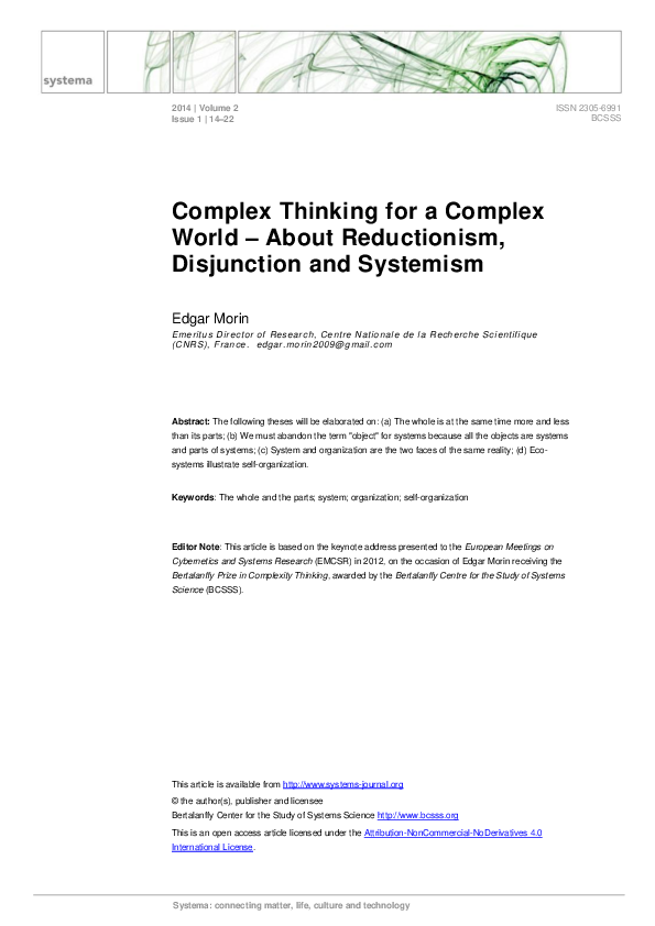 (PDF) Complex Thinking for a Complex World -About Reductionism, Disjunction and Systemism