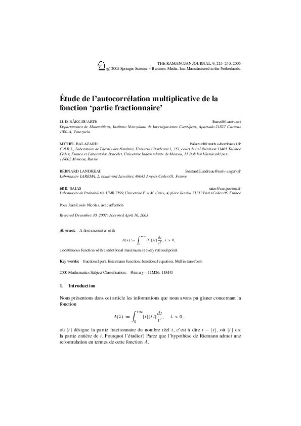(PDF) Étude De L’Autocorrélation Multiplicative De La Fonction ‘Partie ...